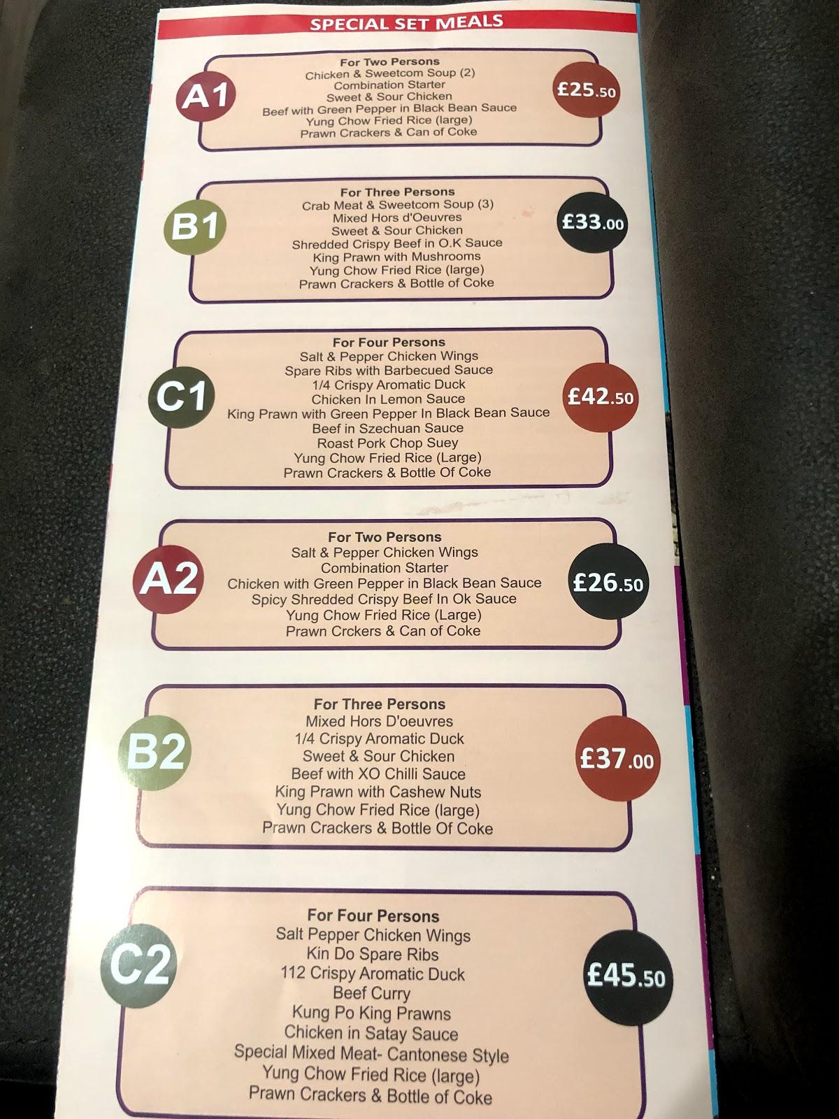 Menu at Century City restaurant, Oldham