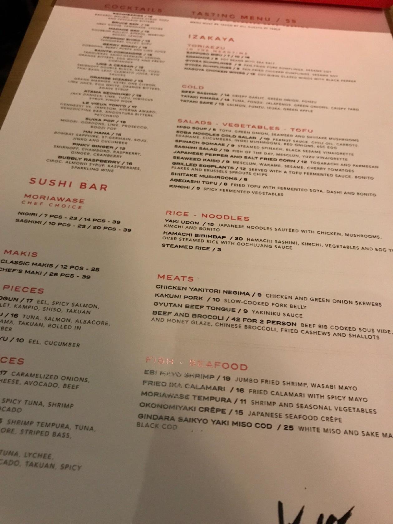 Menu at Kyo Bar Japonais, Montréal, 711 Côte place-d'Armes