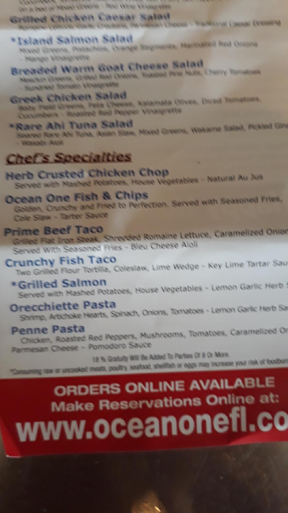 Menu at Ocean One Bar & Grille, Boca Raton