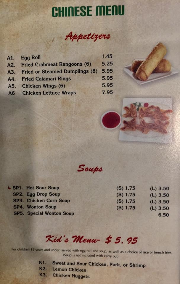 Menu at Pho Mosa restaurant, Kerrville
