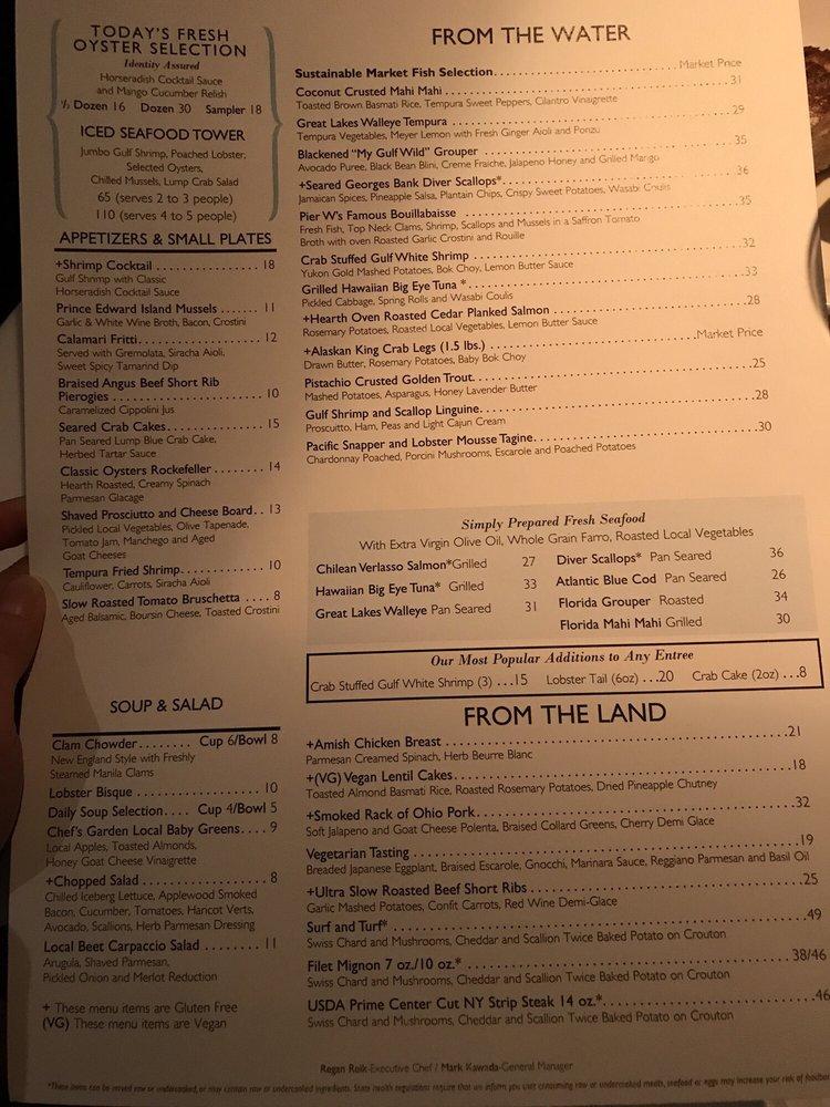 Menu at Pier W restaurant, Lakewood