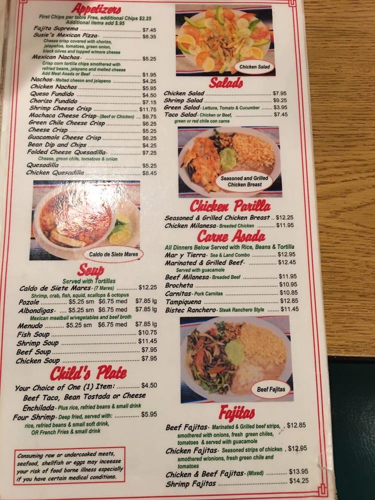 Menu at Susie's Mexican Cafe and Lounge, Tempe, E University Dr