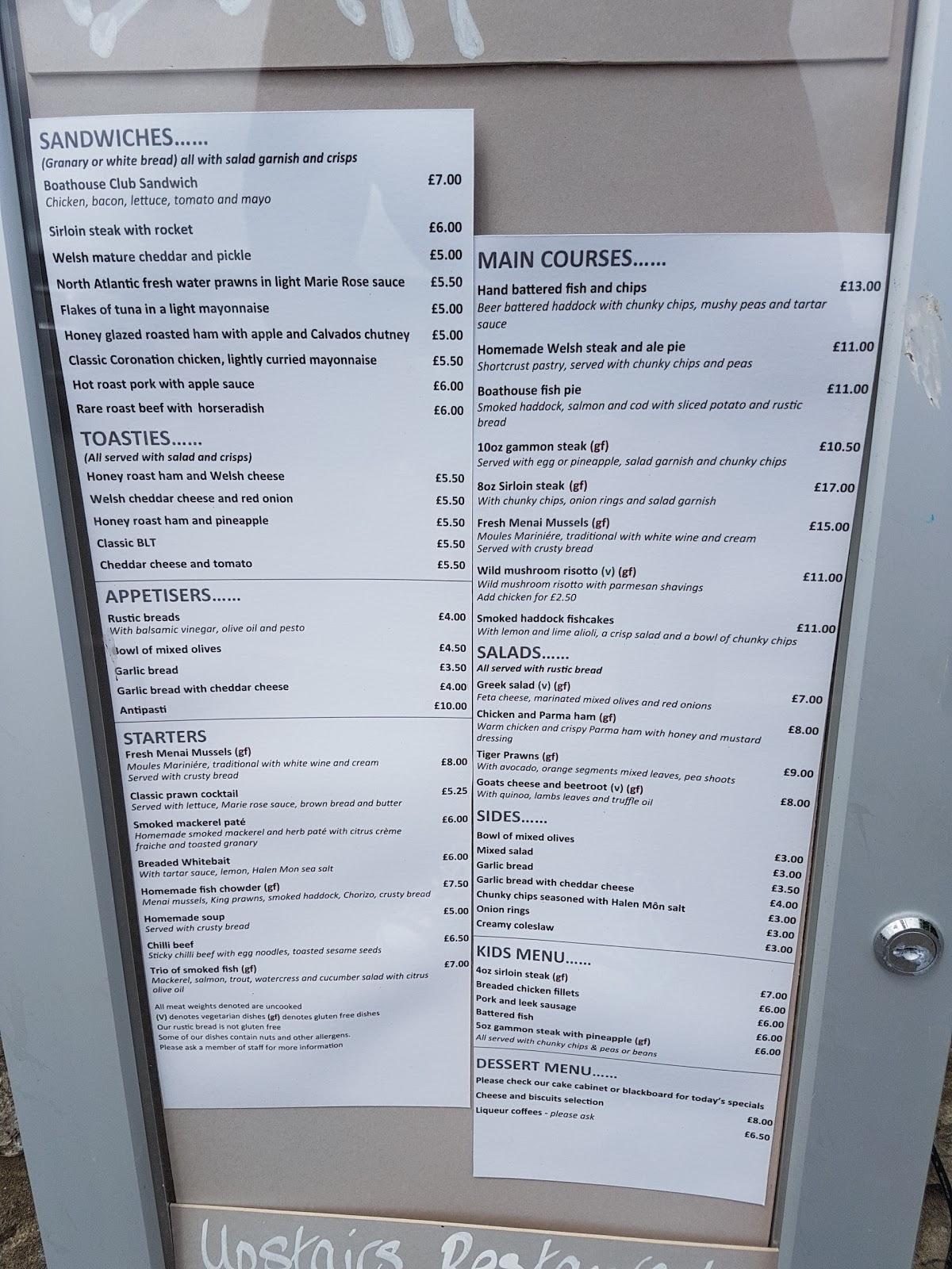 Menu at The Boathouse restaurant, Pentraeth, 1 Penrorsedd Terrace