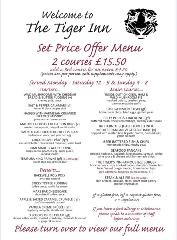 Menu at The Tiger Inn pub & bar, Knaresborough, 29 The Village