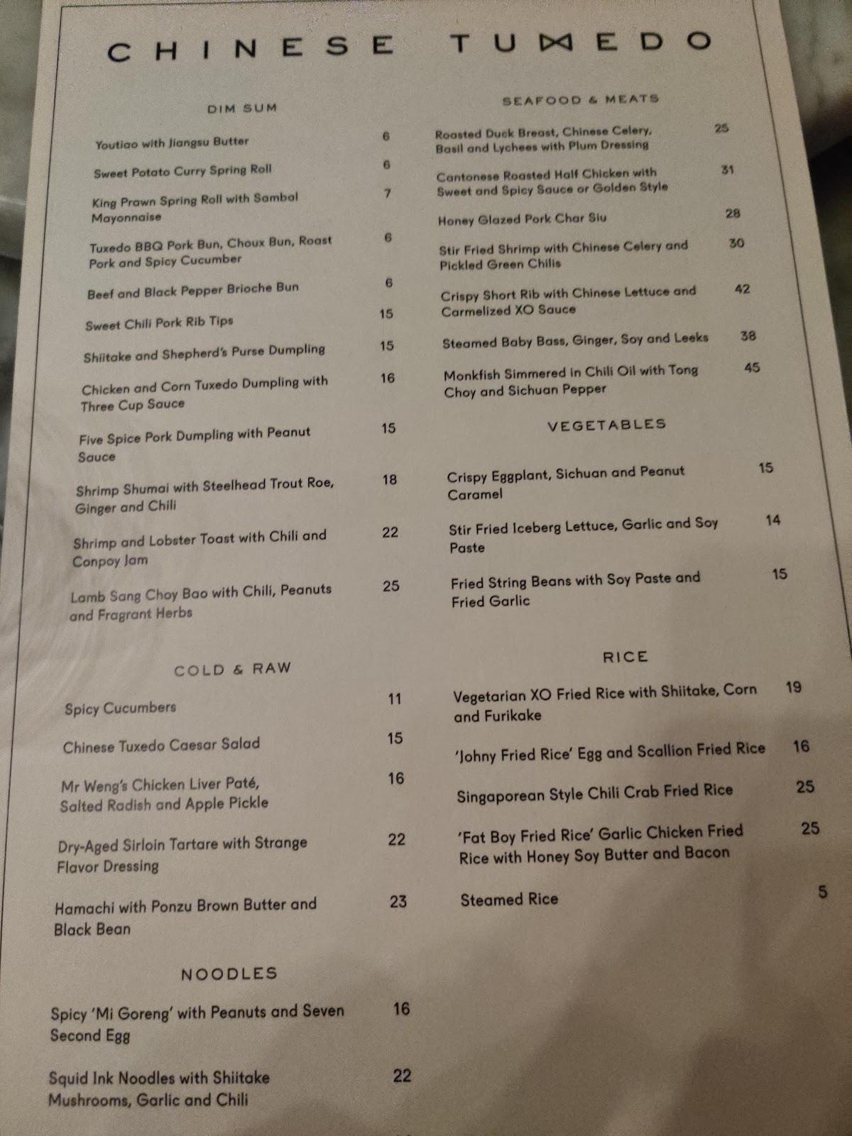 Carta del restaurante Chinese Tuxedo, Nueva York
