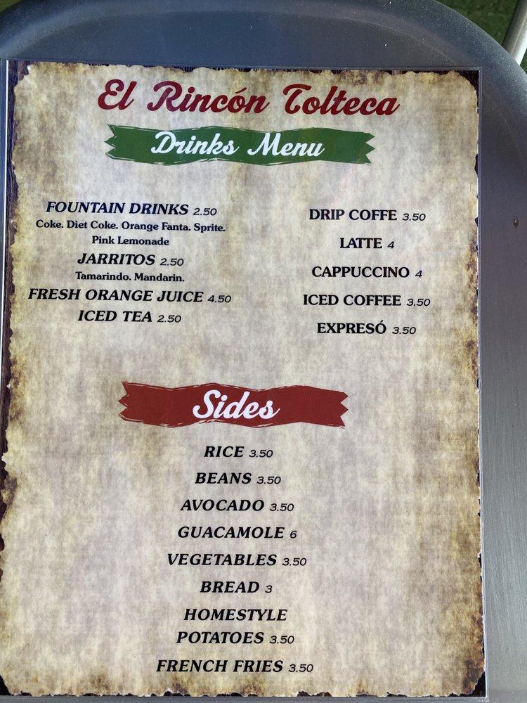 Menu at El Rincon Tolteca restaurant, Los Angeles