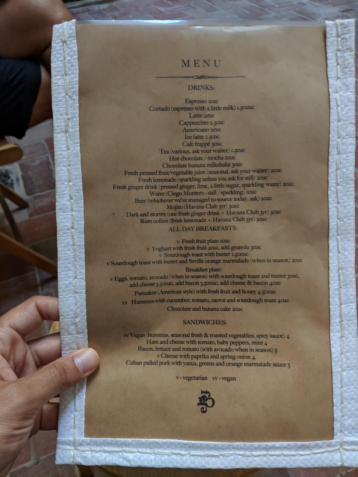Menu at El Café, Havana