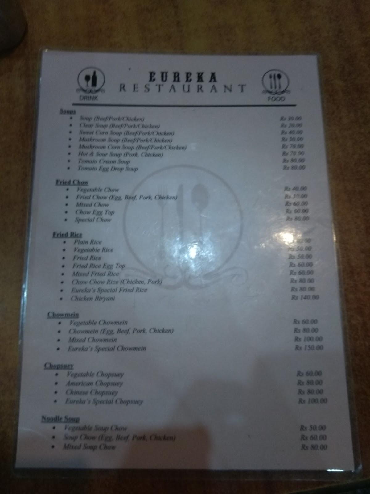Menu at Eureka Lounge, Aizawl