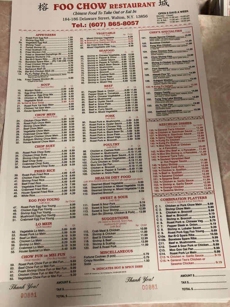 Menu at Foo Chow restaurant, Walton