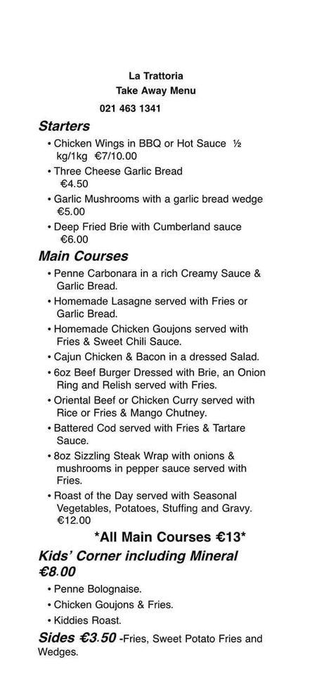Menu at La Trattoria Midleton restaurant, Midleton