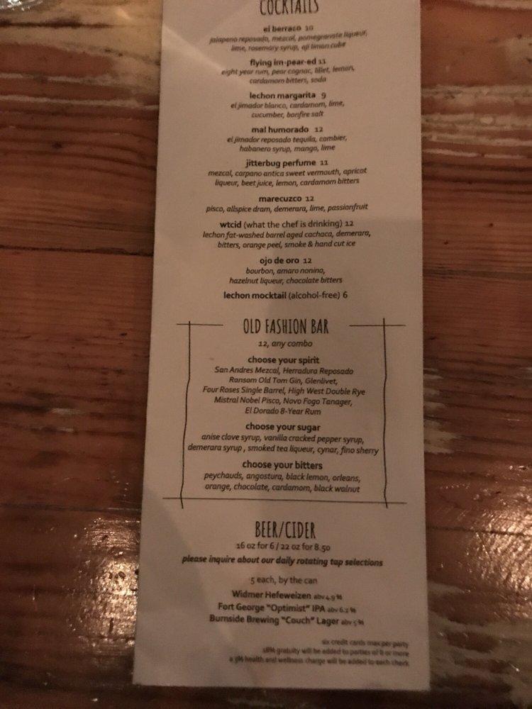 Menu at Lechon pub & bar, Portland