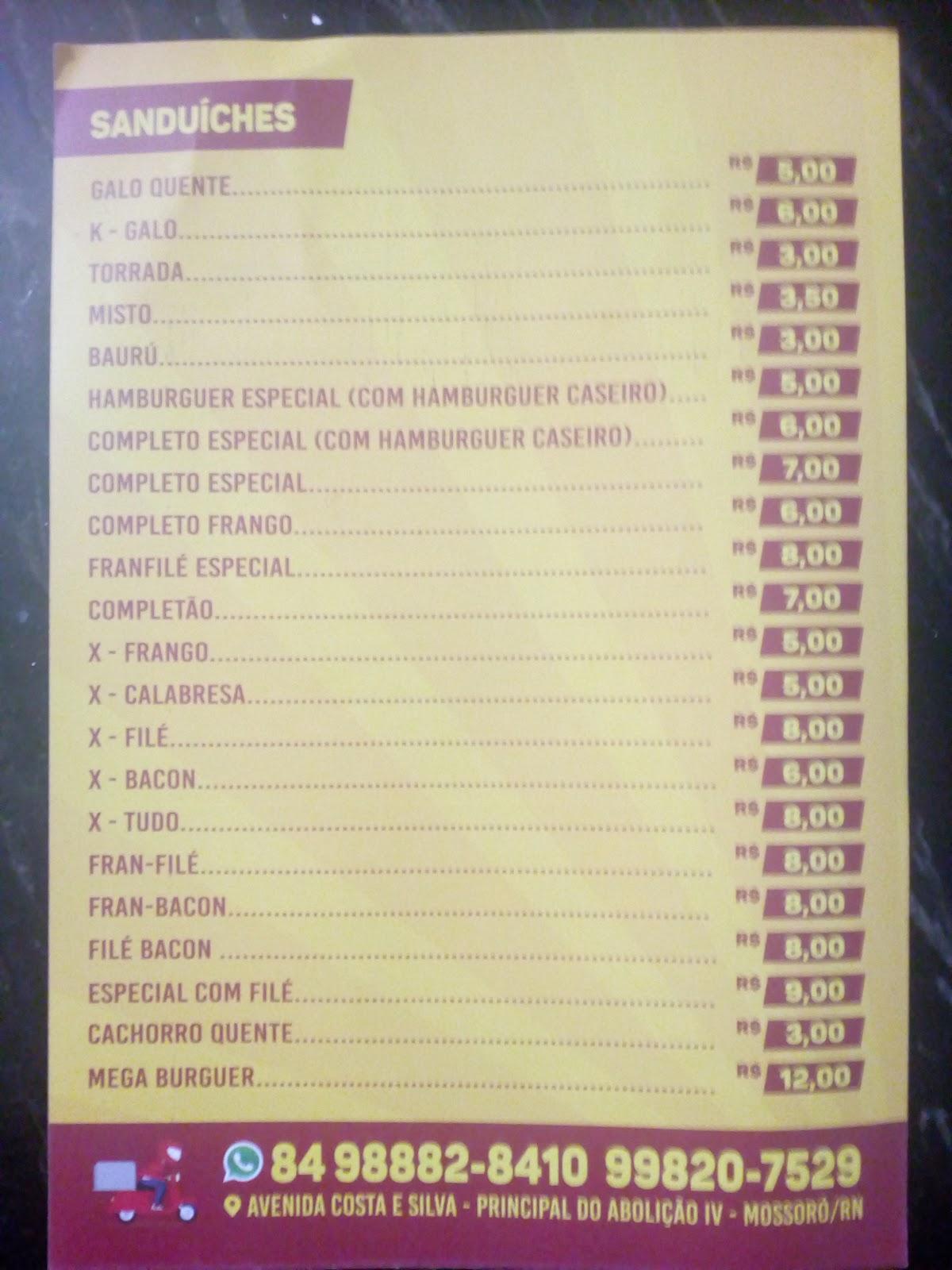 Menu at Mega Burger restaurant, Mossoró