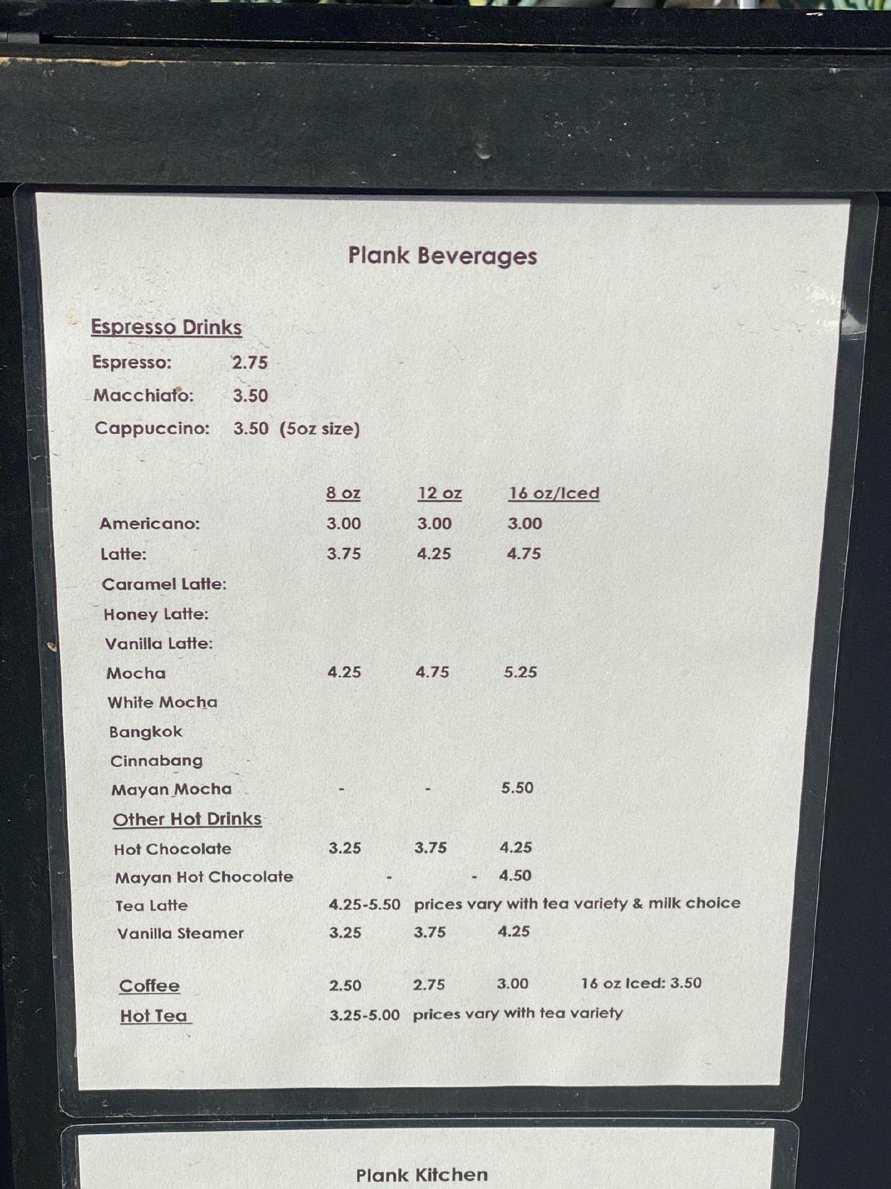 Menu at Plank Coffee Healdsburg cafe, Healdsburg, 175 Dry Creek Rd