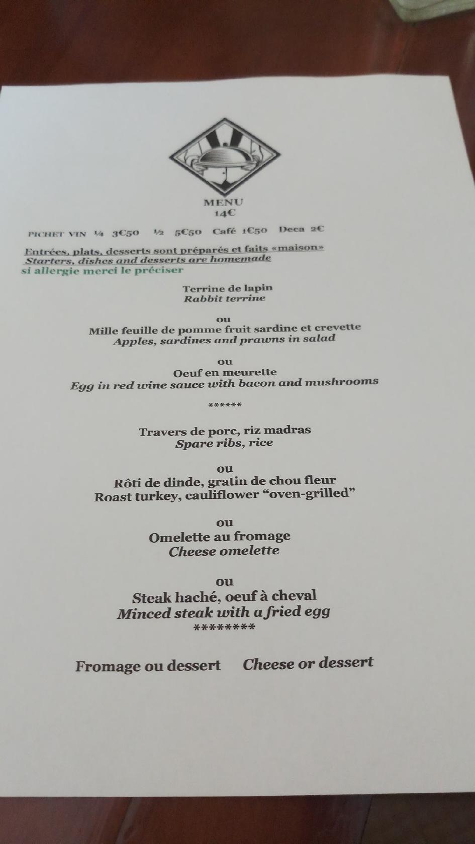 Menu au Restaurant de la Forge, Thiron-Gardais