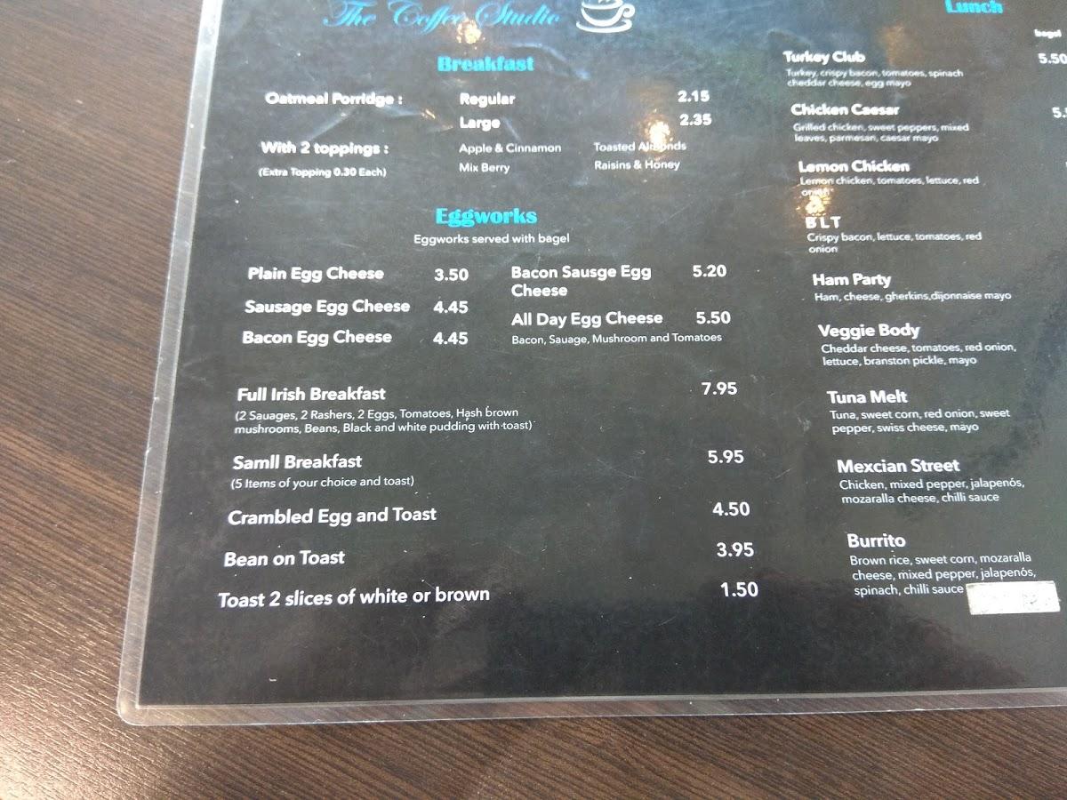 Menu at The Coffee Studio cafe, Dublin