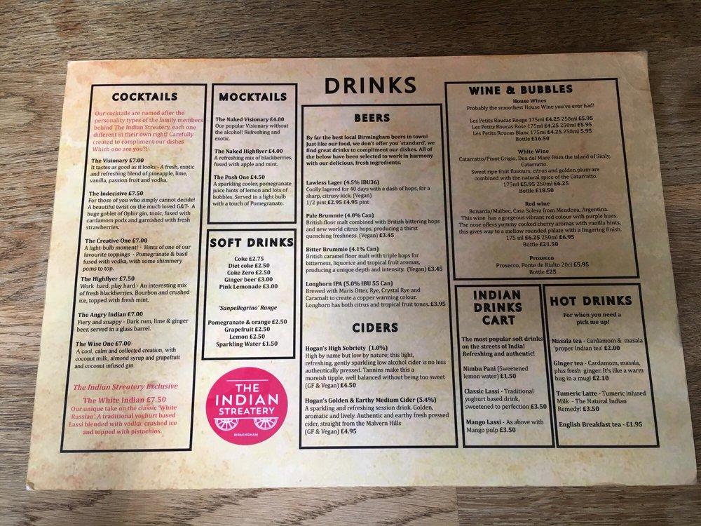 Menu at The Indian Streatery restaurant, Birmingham