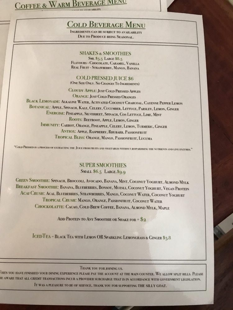 Menu at The Silly Goat cafe, Broken Hill, 425 Argent St
