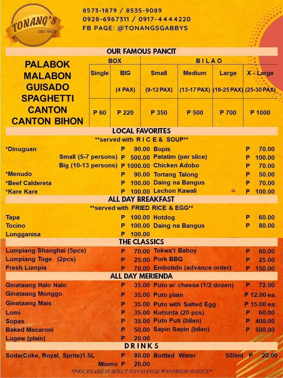 Menu at Tonang's Pancit Palabok Restaurant (gabbys), Mandaluyong