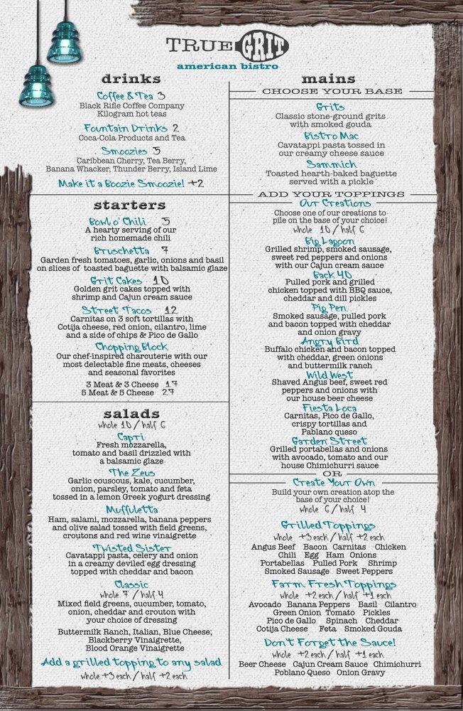 Menu at True Grit American Bistro restaurant, Pensacola