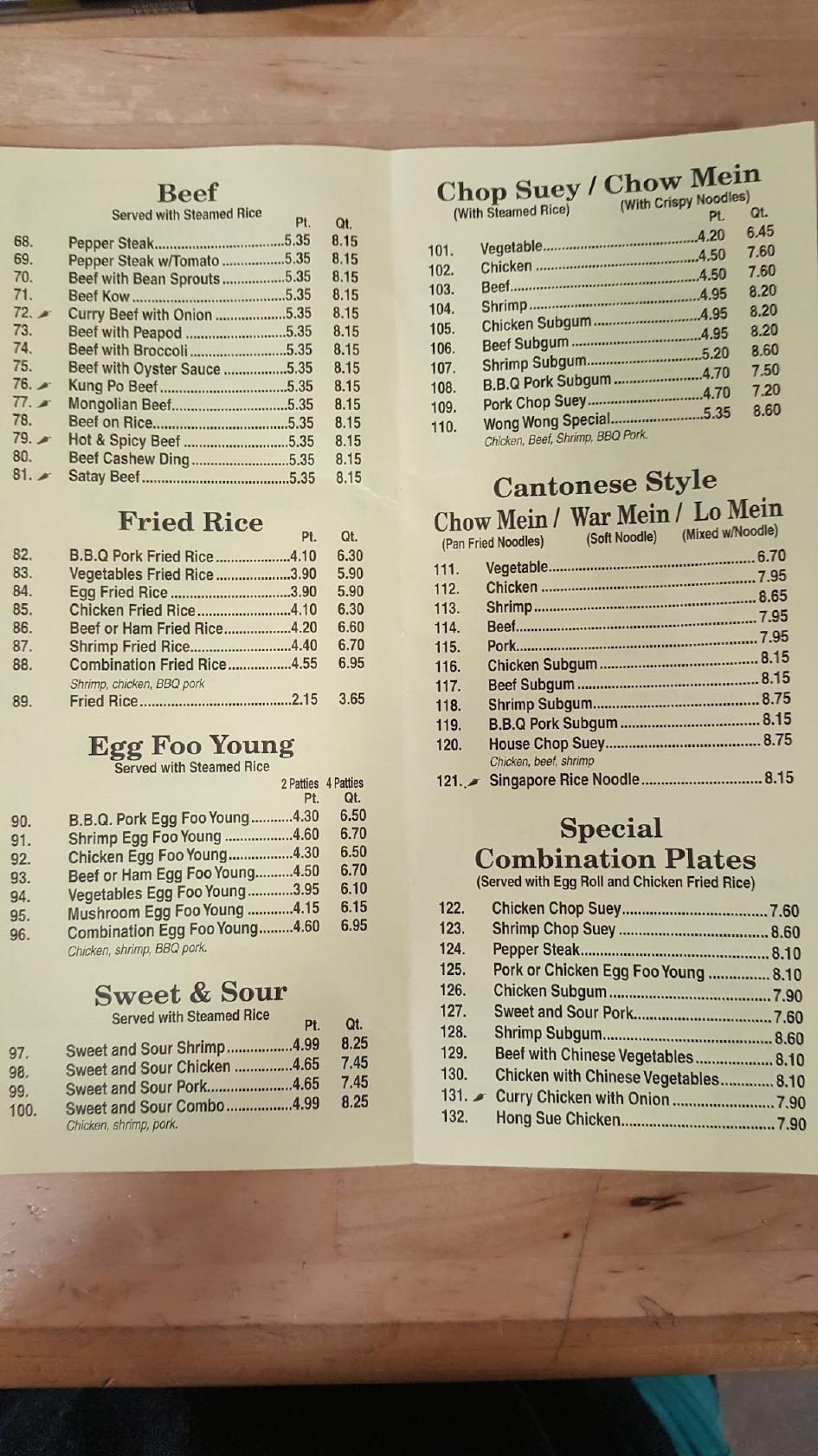Menu at Wong Wong Chinese Restaurant, Rockford
