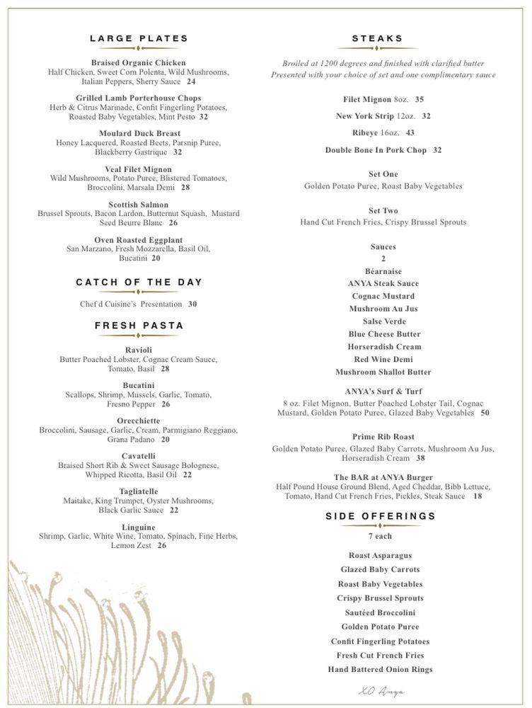 Menu at ANYA steakhouse, Thompson, 49 CT-193