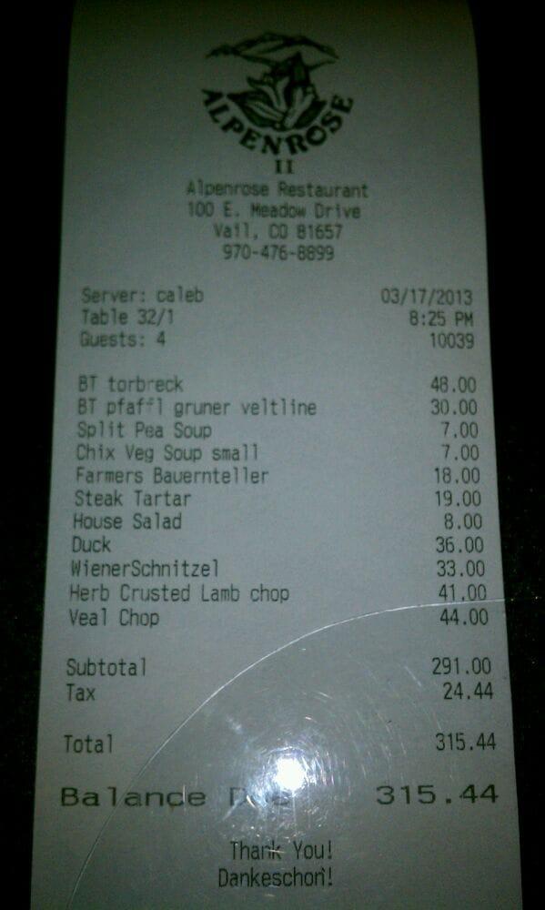 Menu at Alpenrose Vail restaurant, Vail, 100 E Meadow Dr STE 25