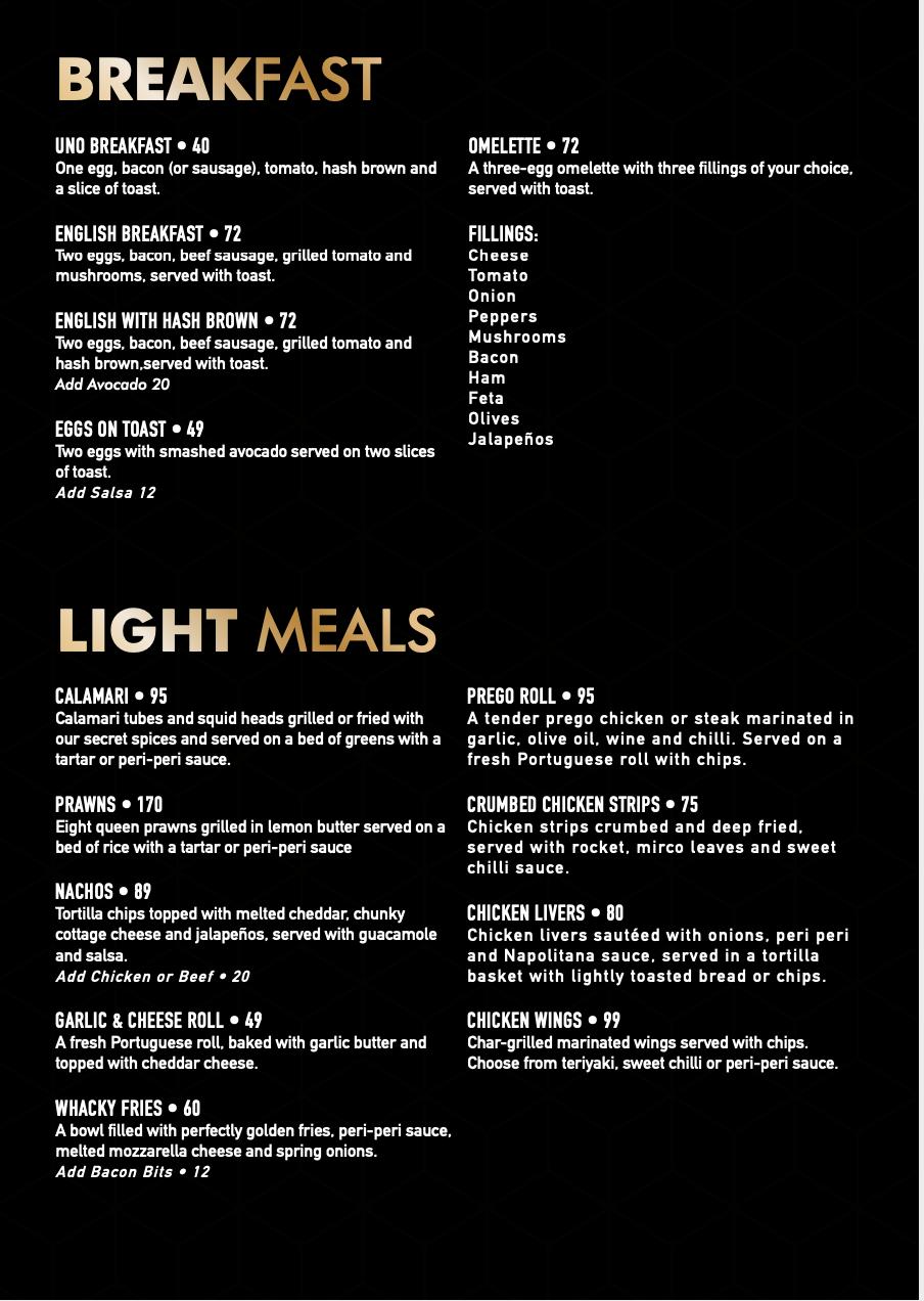 Menu at Cappello Newtown Junction restaurant, Johannesburg