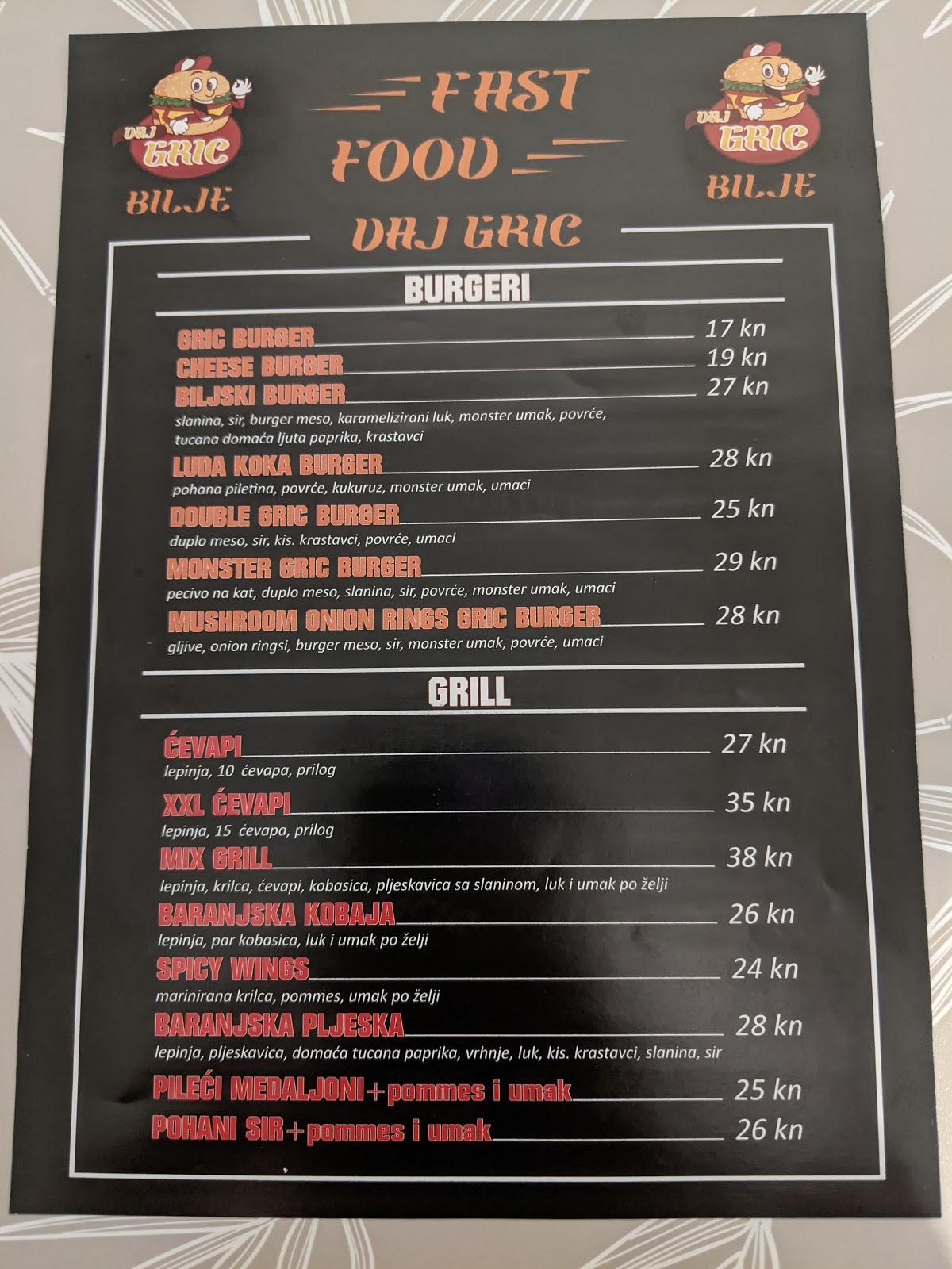 Menu da Daj Gric ristorante, Bilje