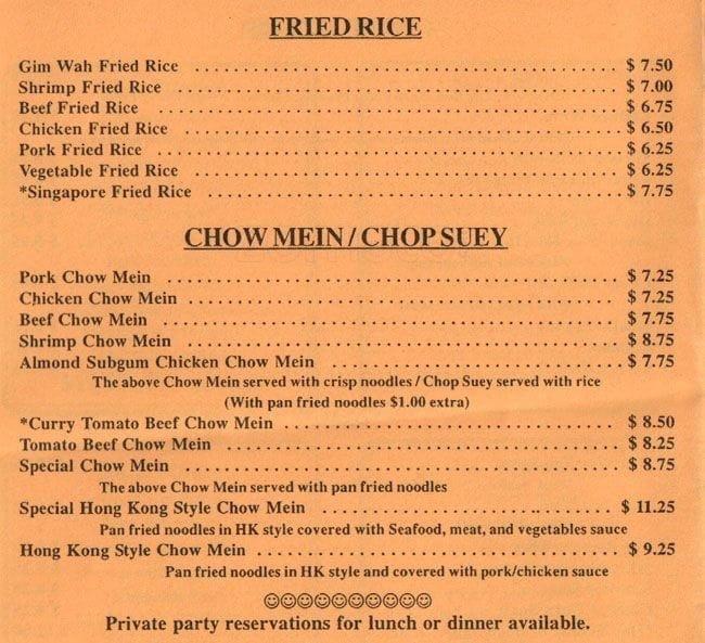 Menu at Gim Wah Restaurant, Seattle