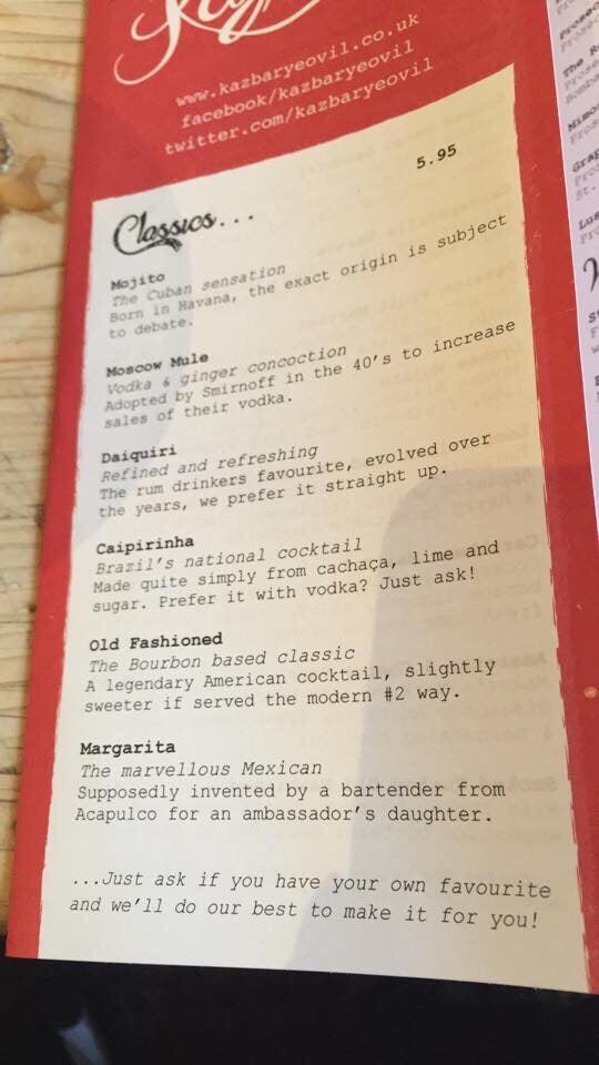 Menu at Kazbar, Yeovil