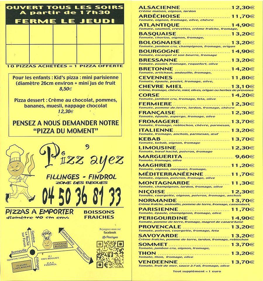 Menu at Le Pizz'Ayez pizzeria, Fillinges, Findrol
