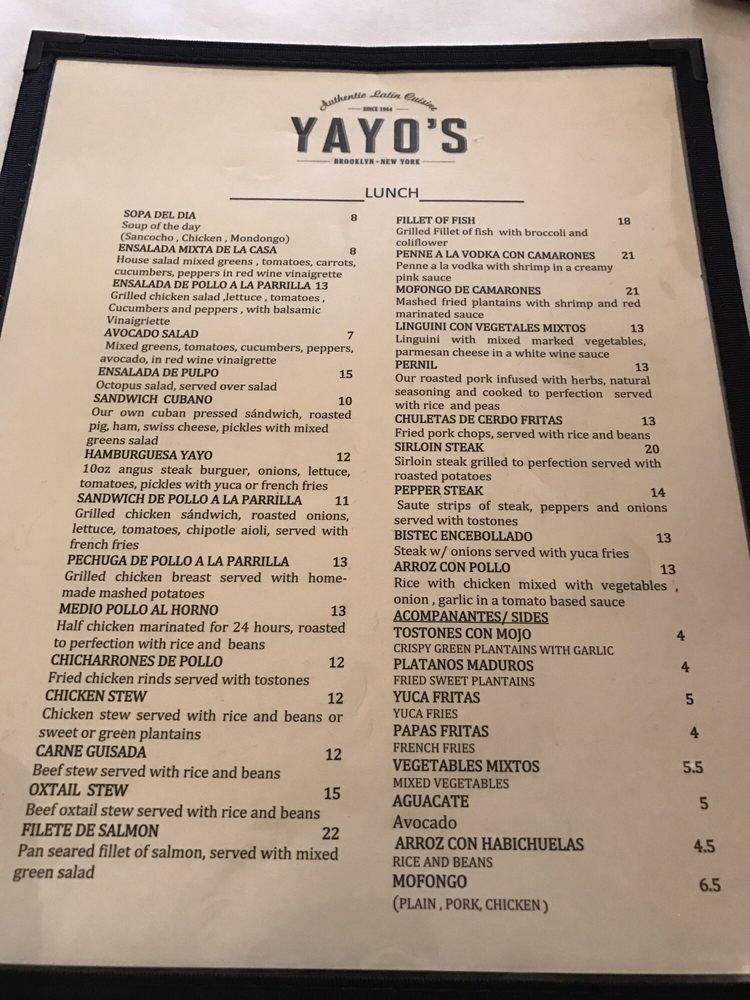 Menu at Yayo's pub & bar, New York City
