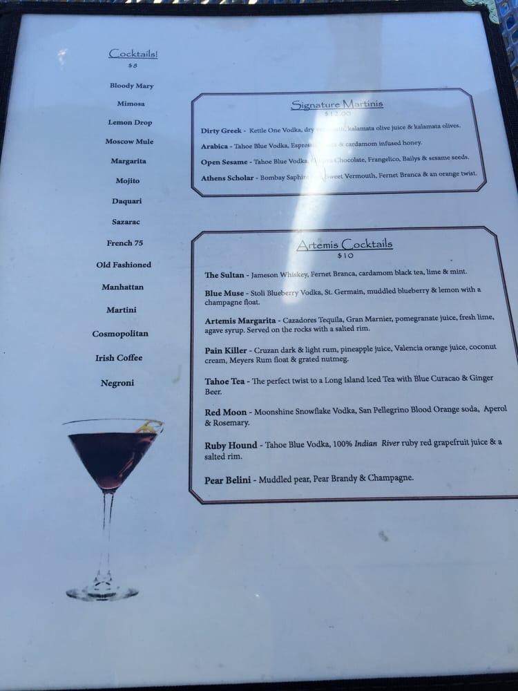 Menu at Artemis Lakefront Café restaurant, South Lake Tahoe