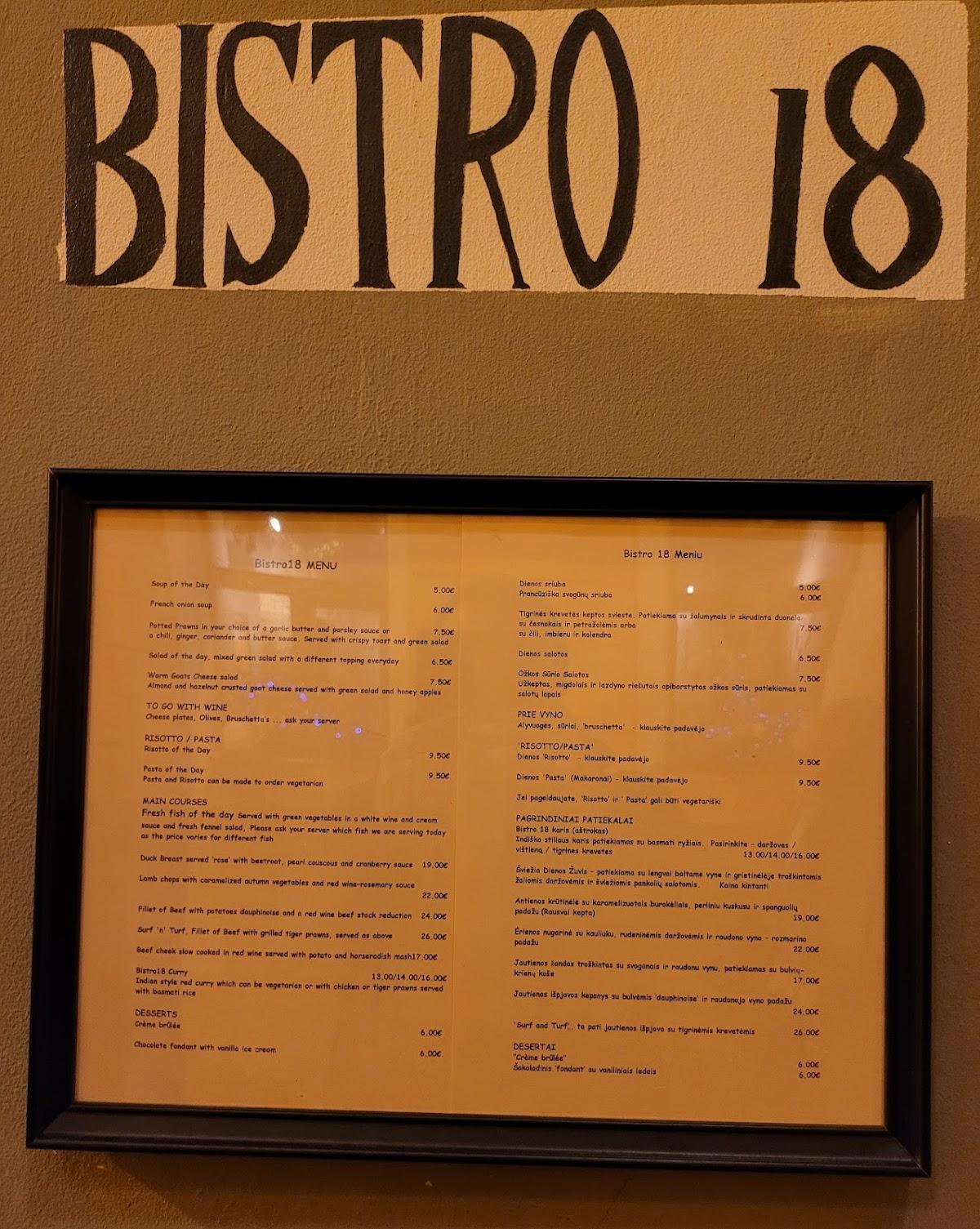 Menu at Bistro 18 restaurant, Vilnius
