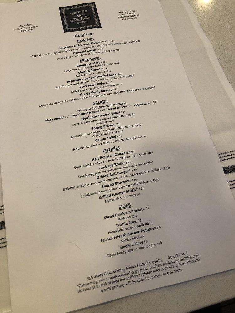 Menu at British Bankers Club, Menlo Park