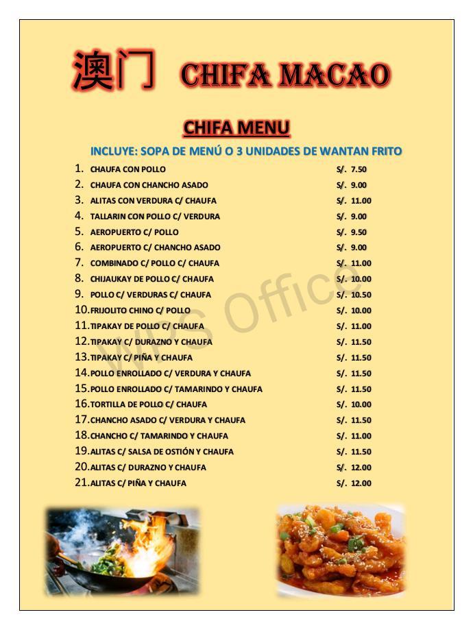 Menu at Chifa Macao restaurant, Trujillo