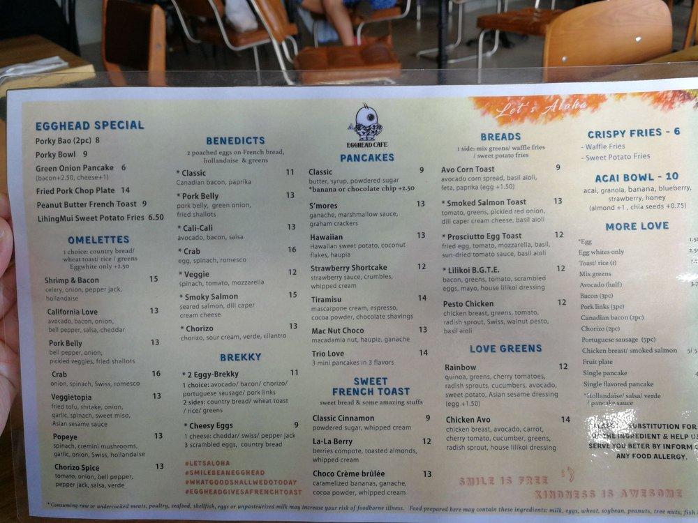 Menu at Egghead Cafe, Honolulu, Dillingham Blvd #8