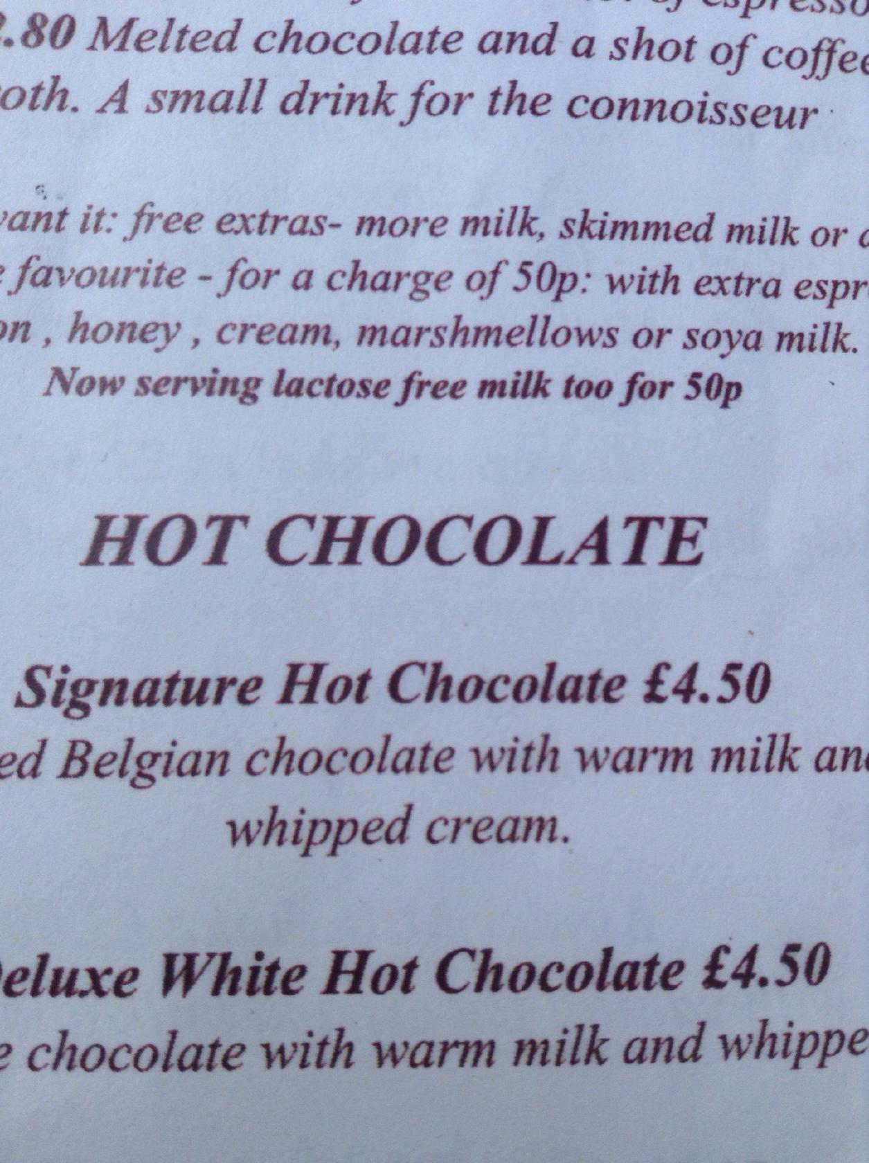 Menu at Eleto Chocolate Cafe, Canterbury