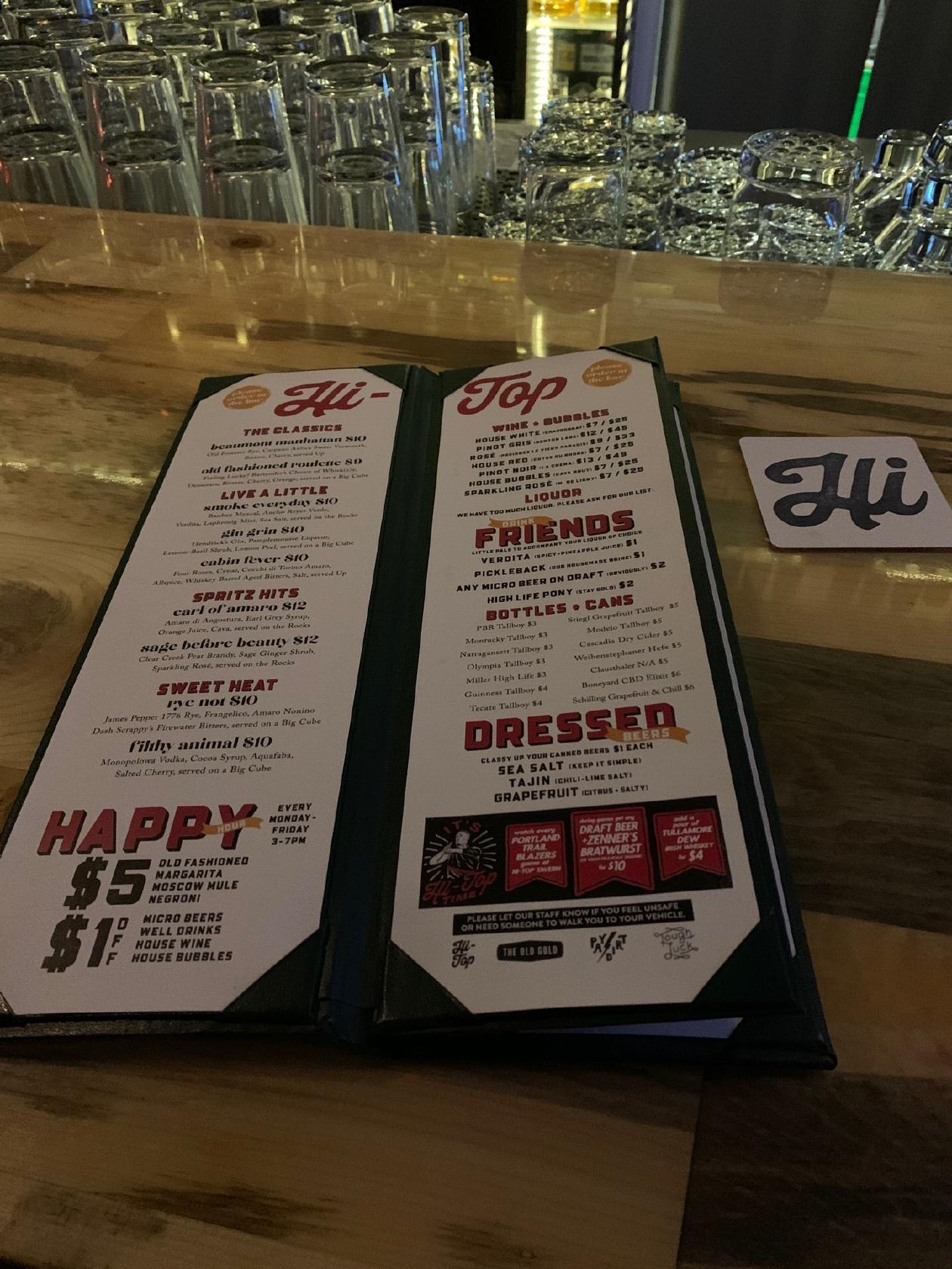 Menu at Hi-Top Tavern pub & bar, Portland