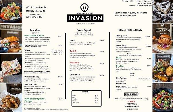 Menu at INVASION restaurant, Dallas
