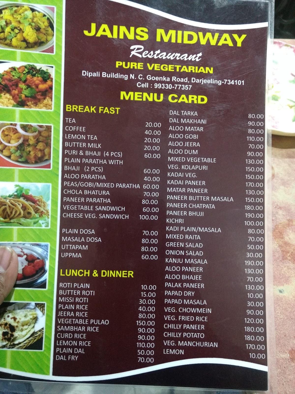 Menu at Jain Bhojanalaya, Darjeeling