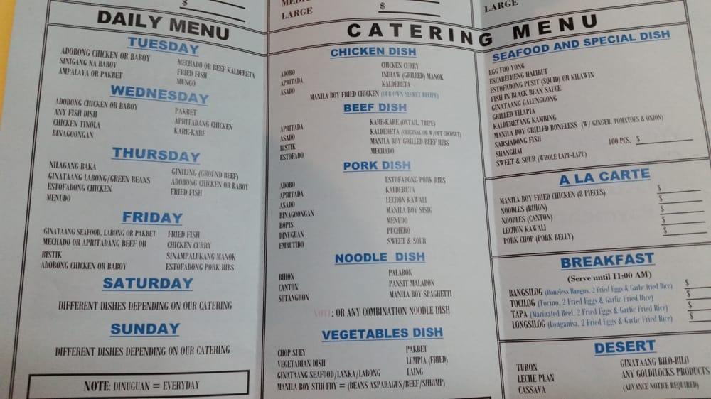 Menu at Manila Grill restaurant, Corona