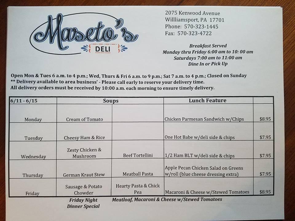 Menu at Masetos Deli restaurant, Williamsport, Kenwood Ave