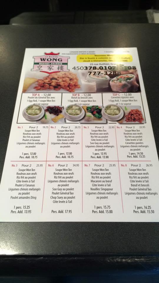 Menu au Restaurant Maison Wong, Granby
