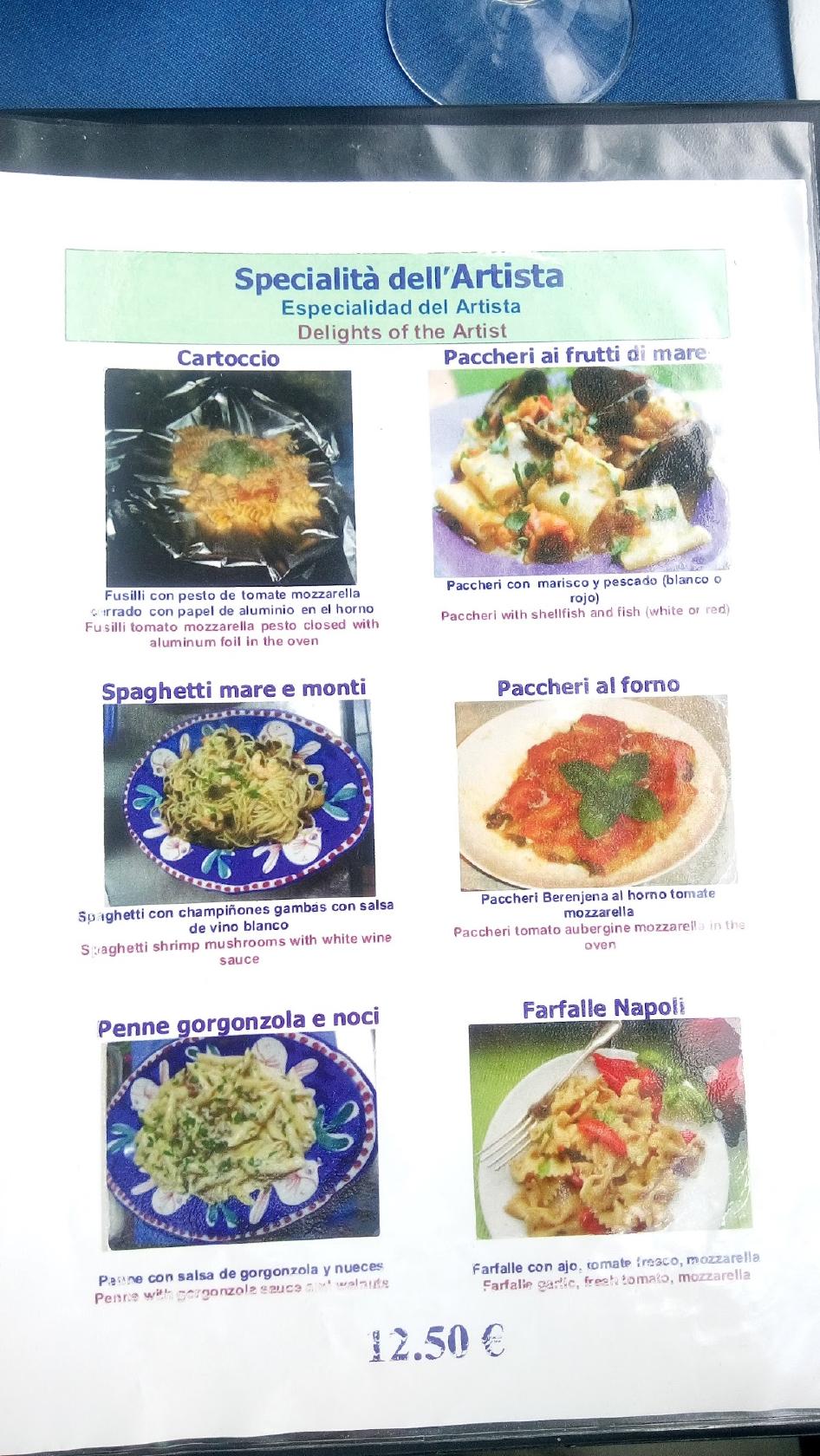 Menu at Restaurante L'Artista, Playa Blanca