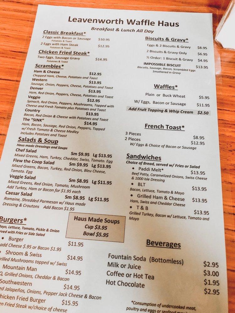 Menu at Sandy's Waffle & Dinner Haus restaurant, Leavenworth
