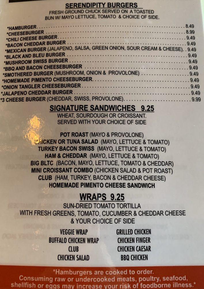 Menu at Serendipity Café cafe, Easley