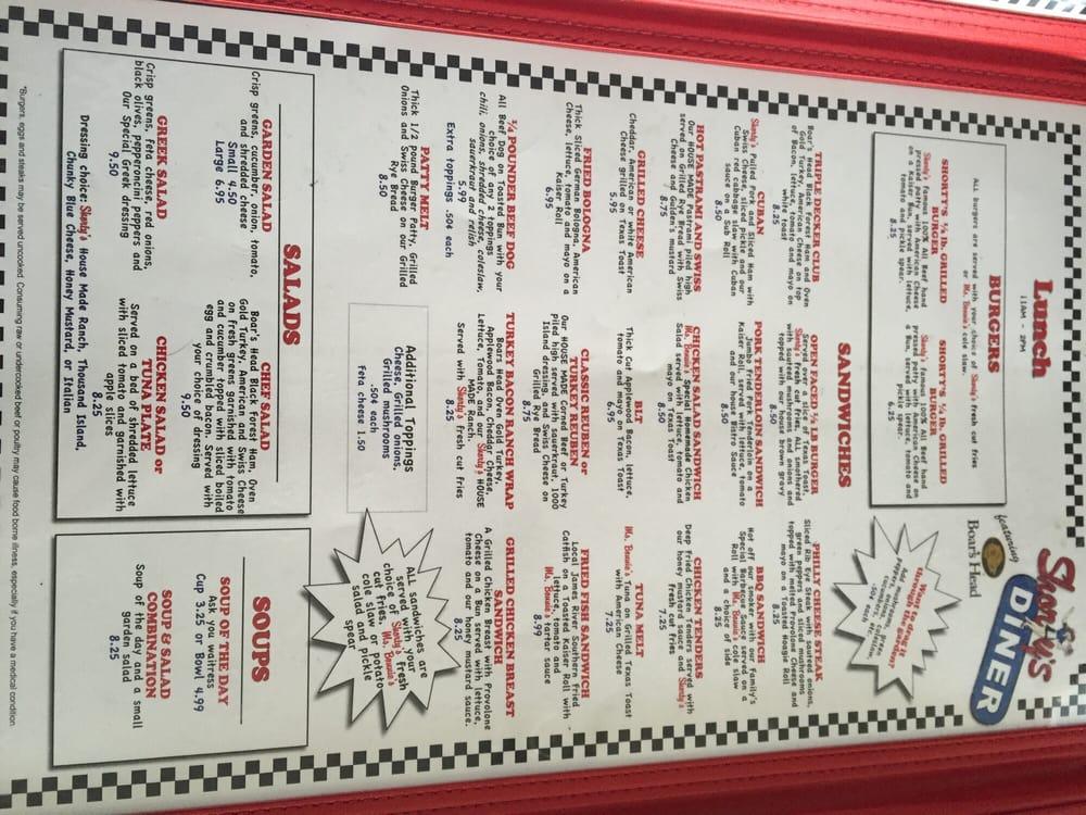 Menu at Shorty's Diner restaurant, Williamsburg