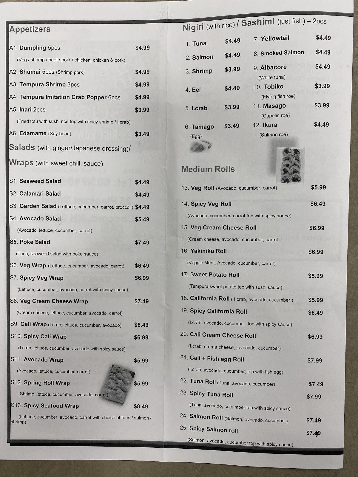 Menu at Splendid Sushi restaurant, Concord