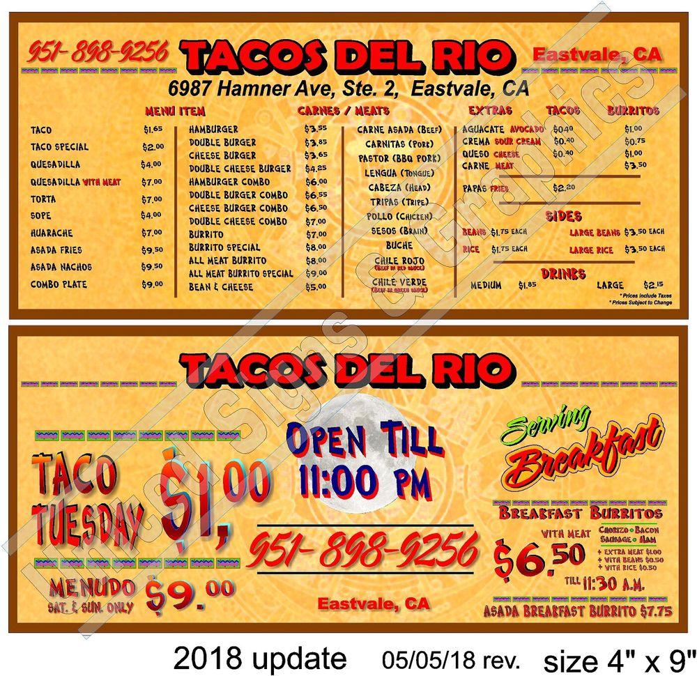 Menu at Tacos Del Rio restaurant, Eastvale